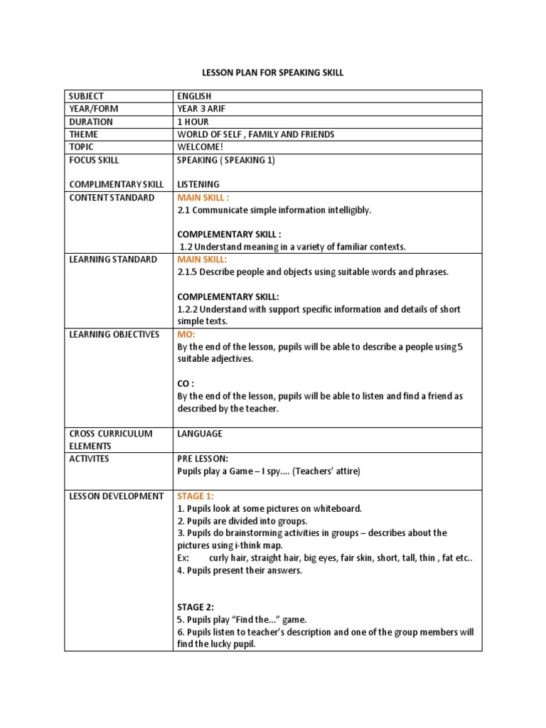 Year 3 Speaking Skills Lesson Plan | PDF