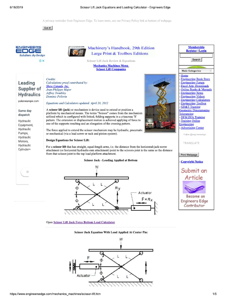 Scissor Lift Jack Equations and Loading Calculator - Engineers Edge | PDF