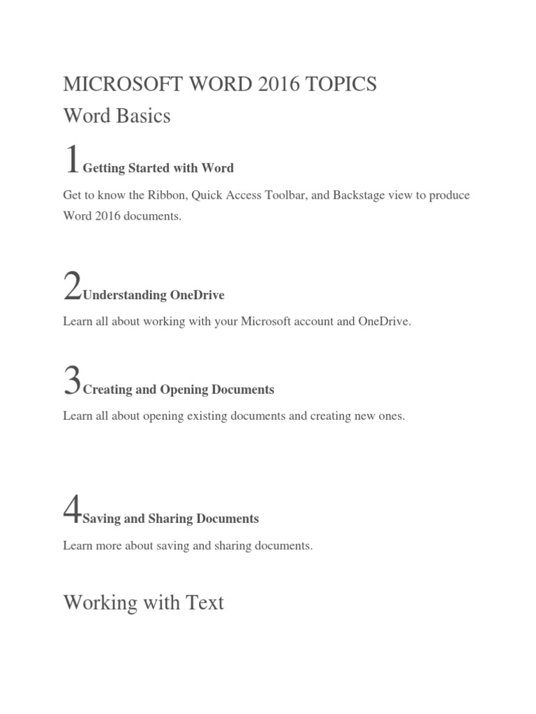 Microsoft Word 2016 Topics Word Basics: Getting Started With Word | PDF ...