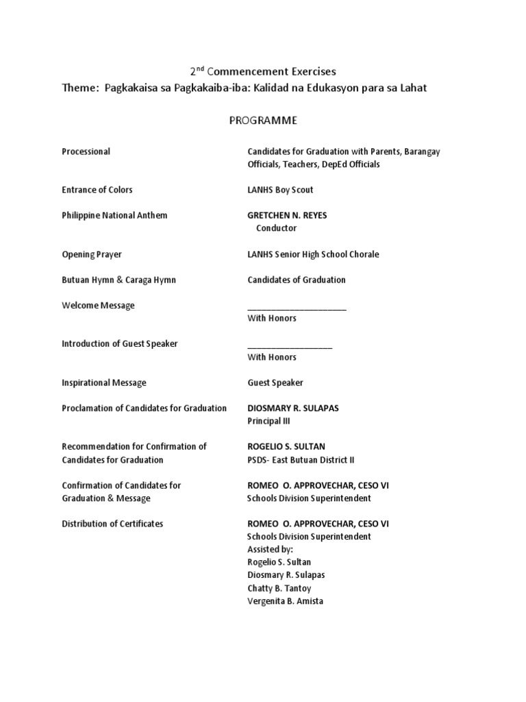 2 Commencement Exercises Theme: Pagkakaisa Sa Pagkakaiba-Iba: Kalidad ...