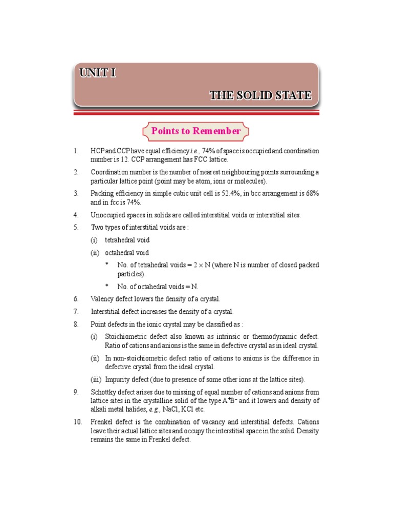 Unit I The Solid State: Points To Remember | PDF | Crystal Structure | Ion