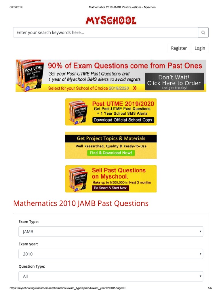 Mathematics 2010 JAMB Past Questions - Myschool | PDF