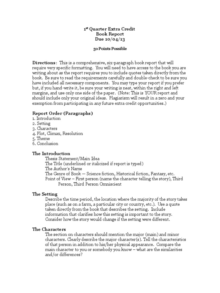 1 Quarter Extra Credit Book Report Due 10/04/13: 50 Points Possible ...