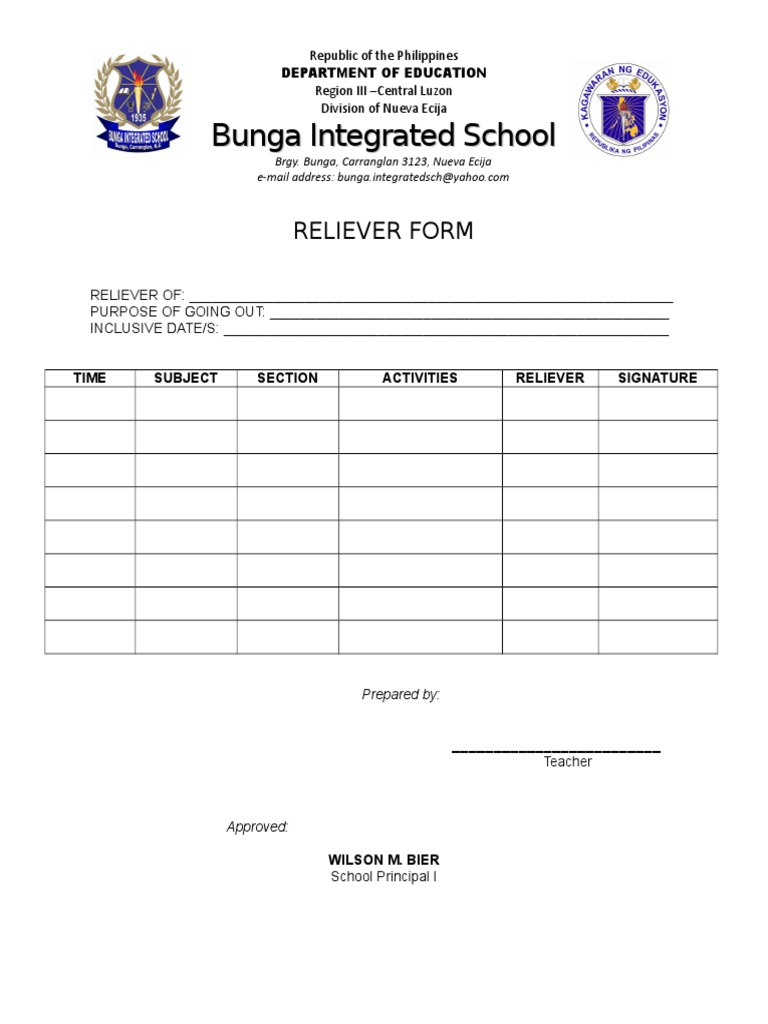 Reliever Form for Teachers | PDF
