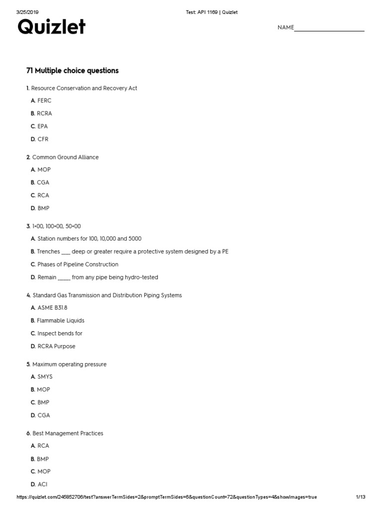 Test - API 1169 - Quizlet | PDF | Pipeline Transport | Resource ...