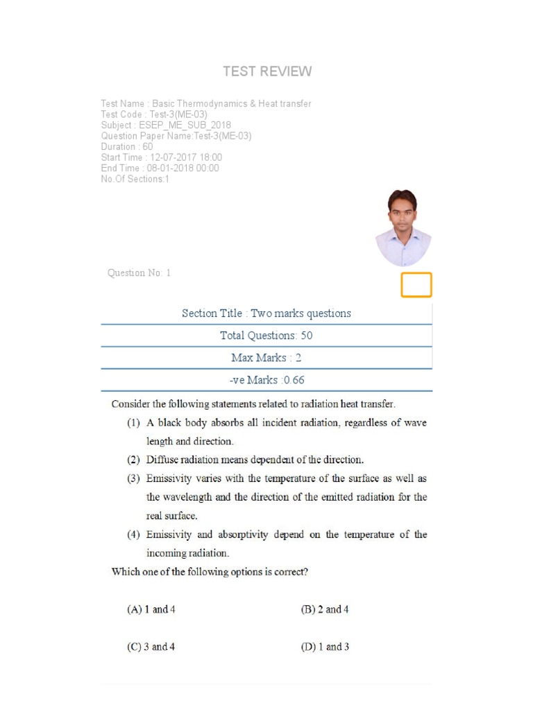 Test-3 On Basic Thermodynamics & Heat Transfer | PDF | Heat ...
