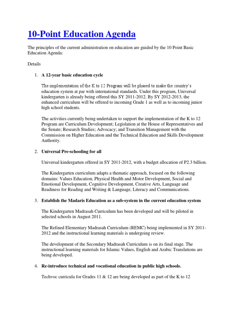 10 Points Agenda | PDF | Schools | Curriculum