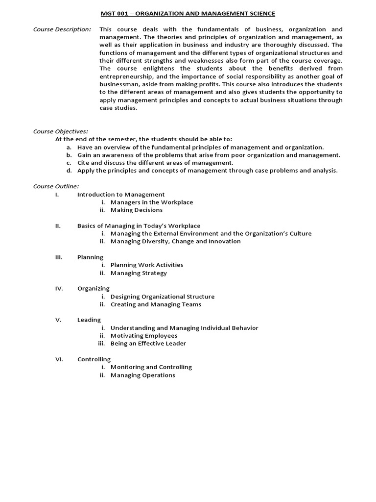 Org and MGT Course Outline | PDF