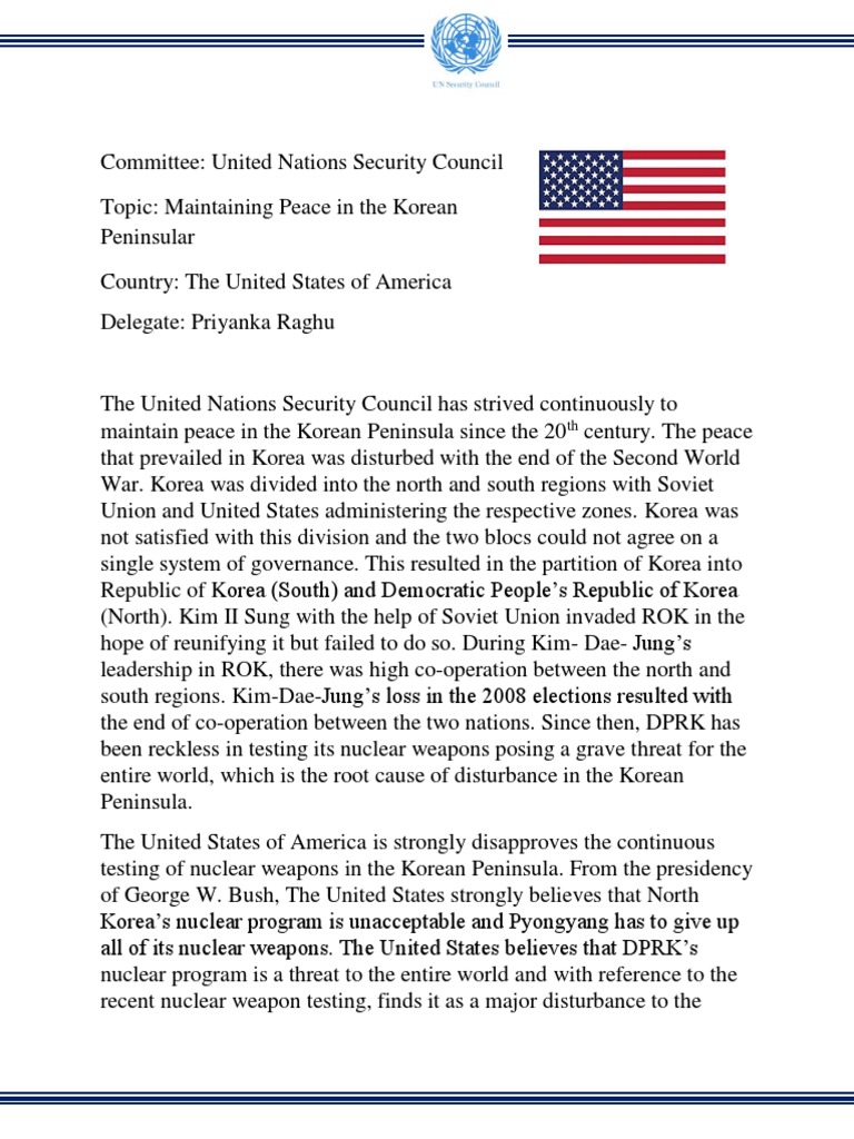 UNSC - United States of America Position Paper | PDF | North Korea ...