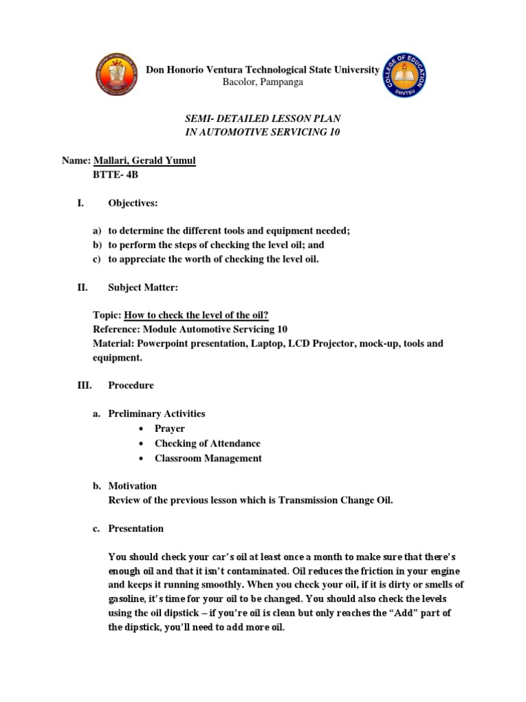 Bacolor, Pampanga: Semi-Detailed Lesson Plan in Automotive Servicing 10 ...