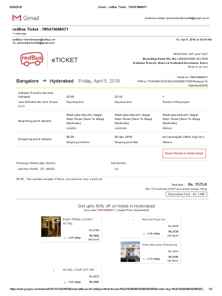Gmail - RedBus Ticket - TN5474688471 | PDF | Ticket (Admission) | Bus