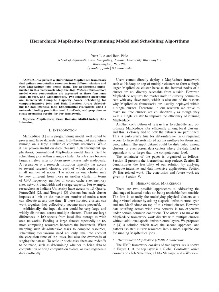 Hierarchical Mapreduce Programming Model and Scheduling Algorithms | PDF | Map Reduce | Computer ...