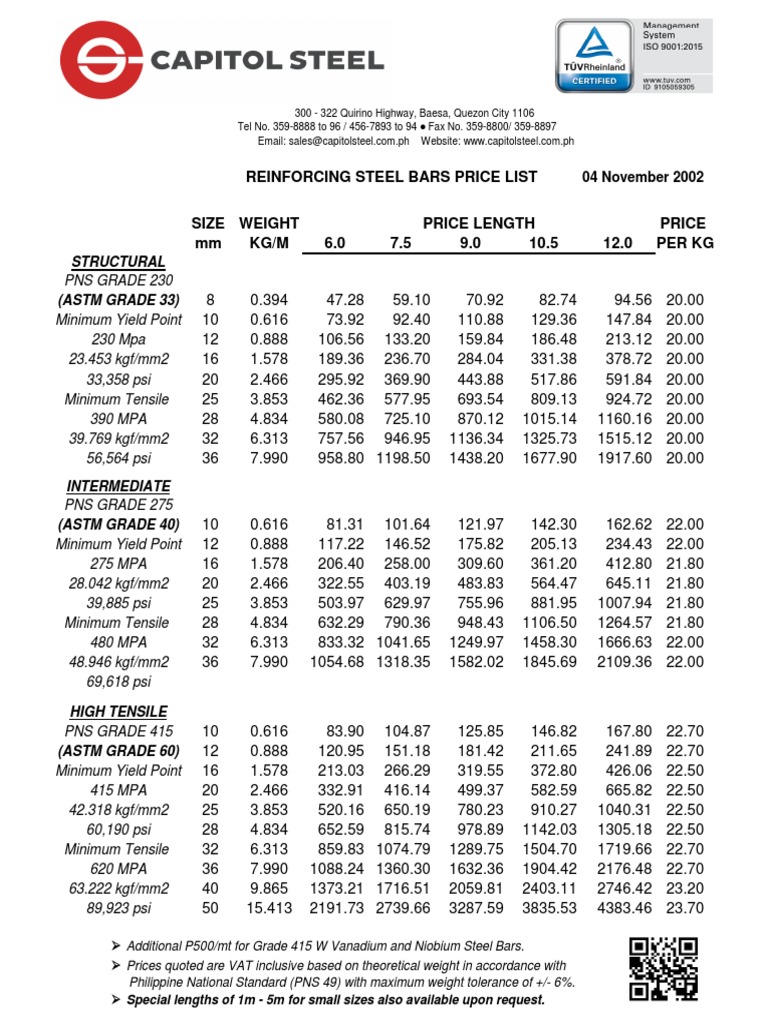 Capitol Steel Price List November 2002 | PDF | Engineering | Metals