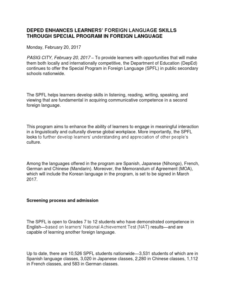 Deped Enhances Learn Ers' Foreign Language Skills Through Special ...