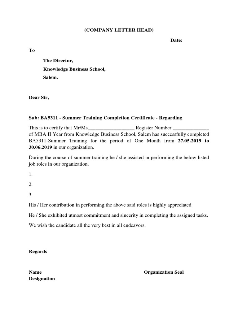 BA5311-Summer Training Completeion Certificate Format | PDF | Business