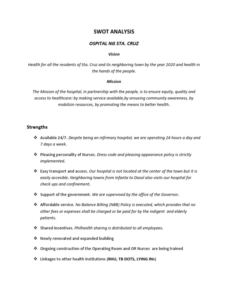 Swot Analysis: Ospital NG Sta. Cruz | PDF | Hospital | Service Industries
