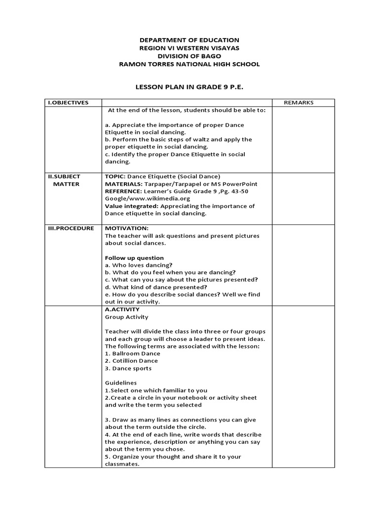 Grade 9 Dance Etiquette Lesson Plan | PDF | Dances | Etiquette