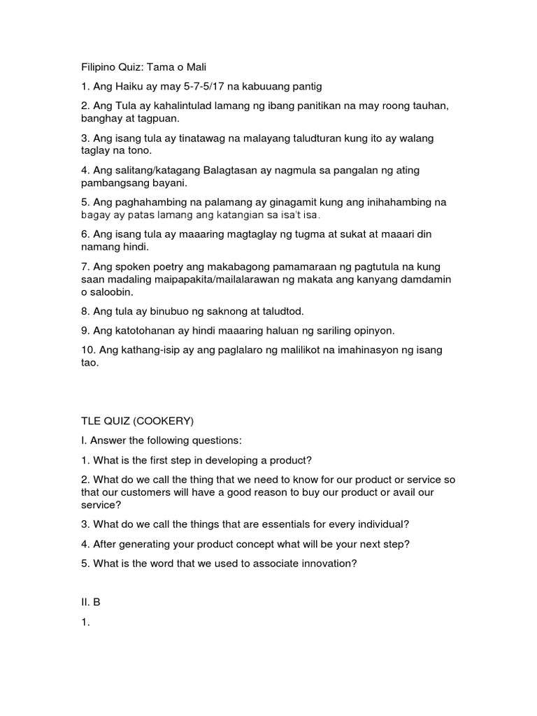 Maikling Pagsusulit Sa Filipino | PDF