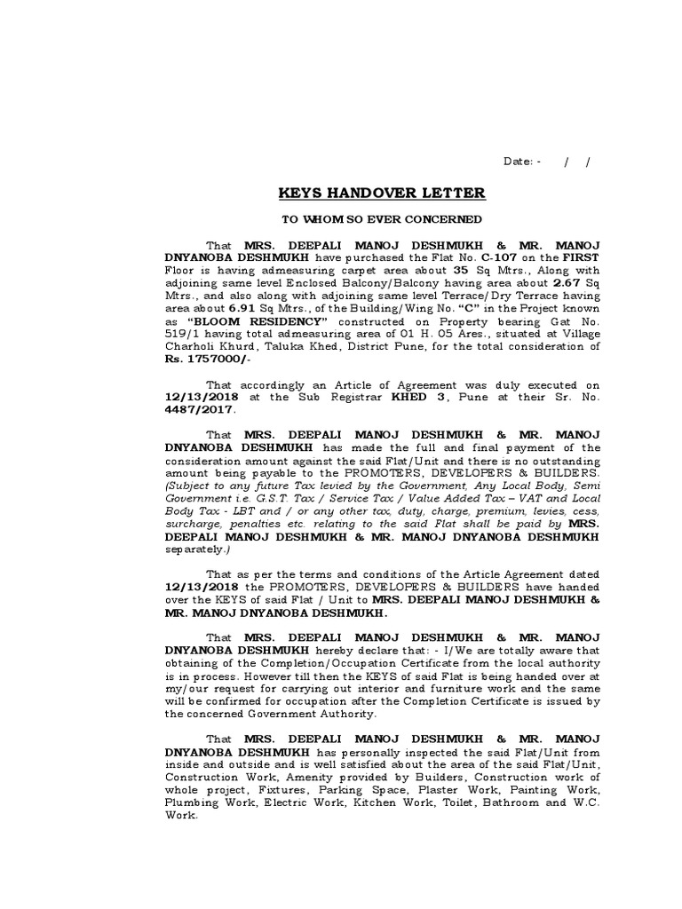 Key Handover letter format | Value Added Tax | Payments