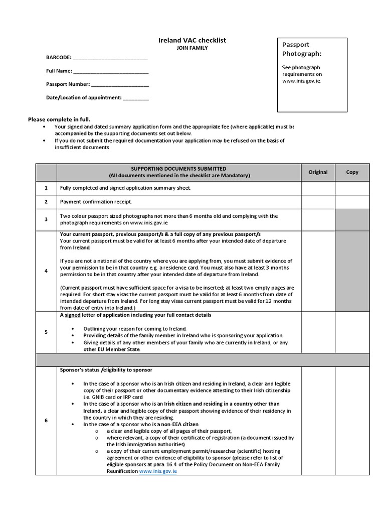 Ireland Family Visa Application Checklist | PDF | Passport | Travel Visa