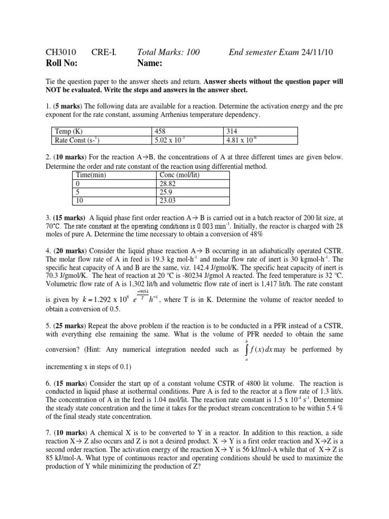 Chemical Reaction Engineering Exam Questions | PDF | Reaction Rate ...