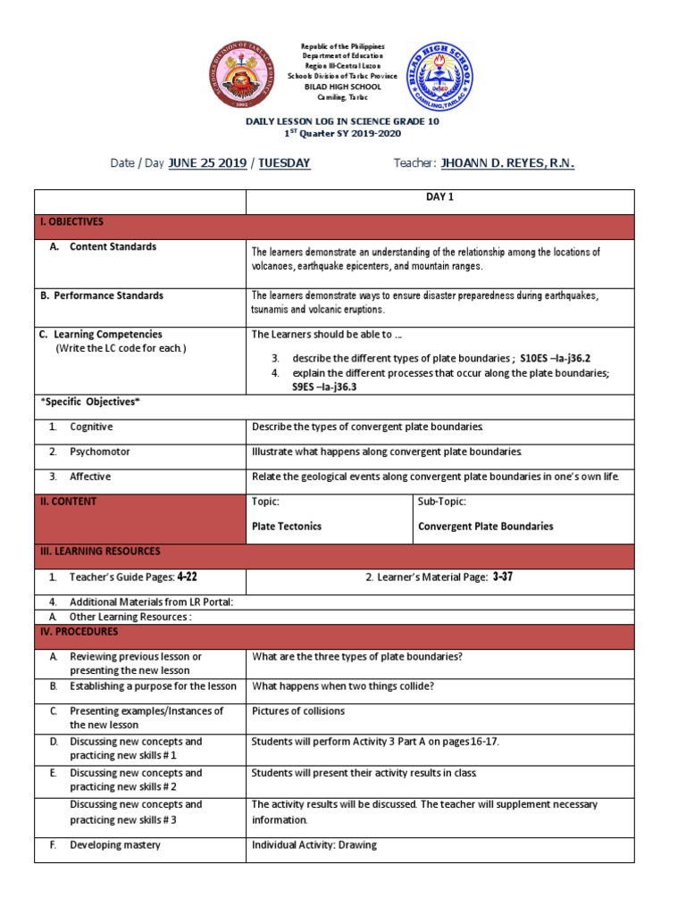 DLL Science 10 - June 25 | PDF | Plate Tectonics | Learning