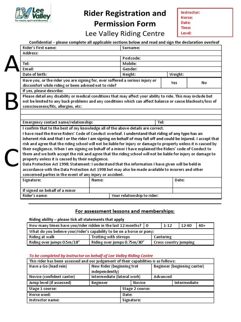 Lee Valley Rider Registration Form | PDF | Equestrianism | Horses