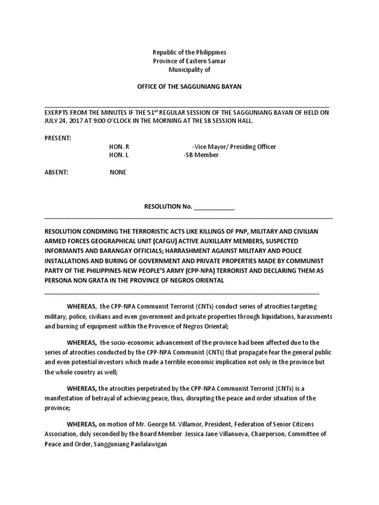 Resolution Condemning Terrorist Acts of the CPP-NPA and Declaring Them Persona Non Grata in the ...