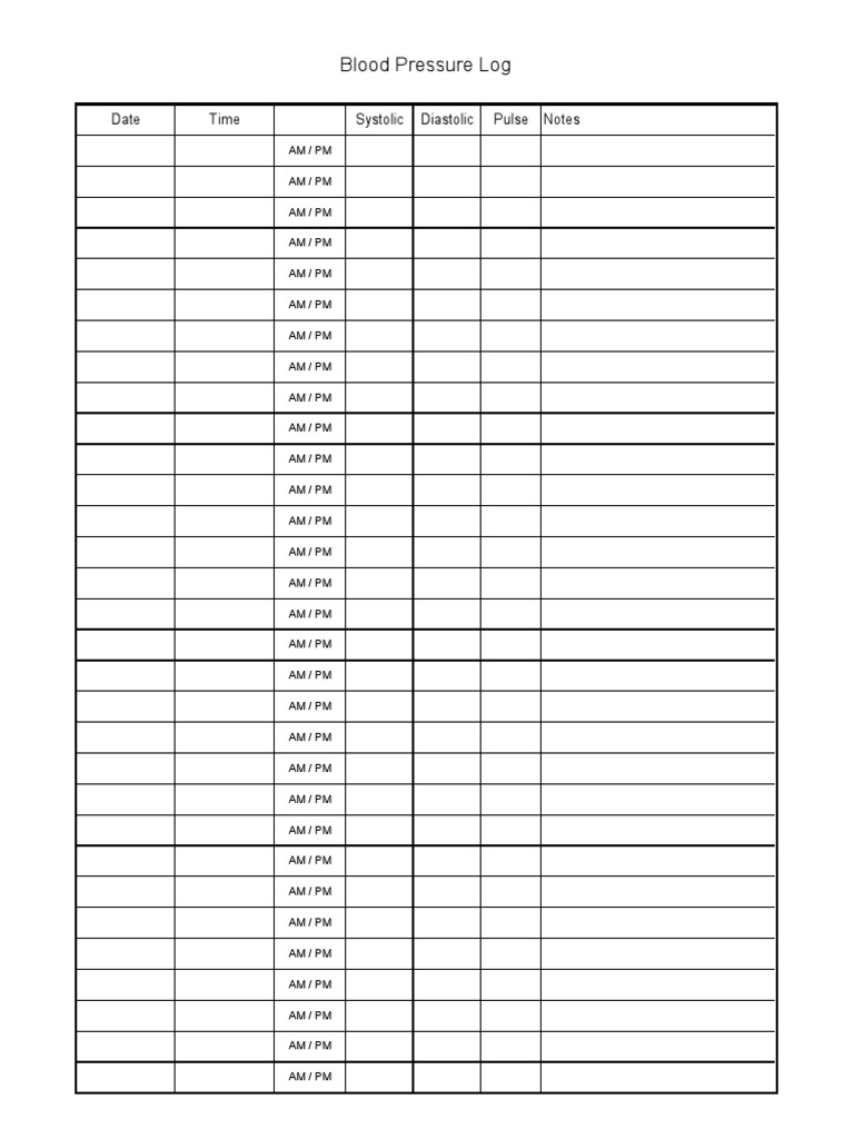 Blood Pressure Log: Date Time Systolic Diastolic Pulse Notes