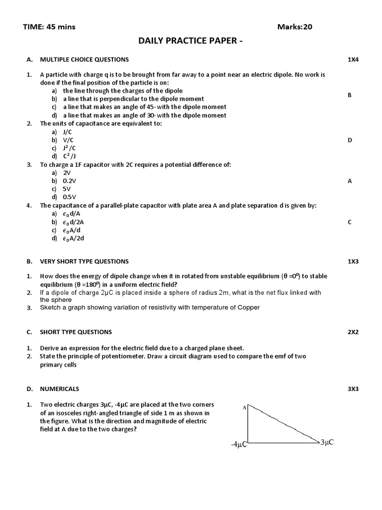 Daily Practice Paper - : TIME: 45 Mins Marks:20 | PDF | Capacitor ...