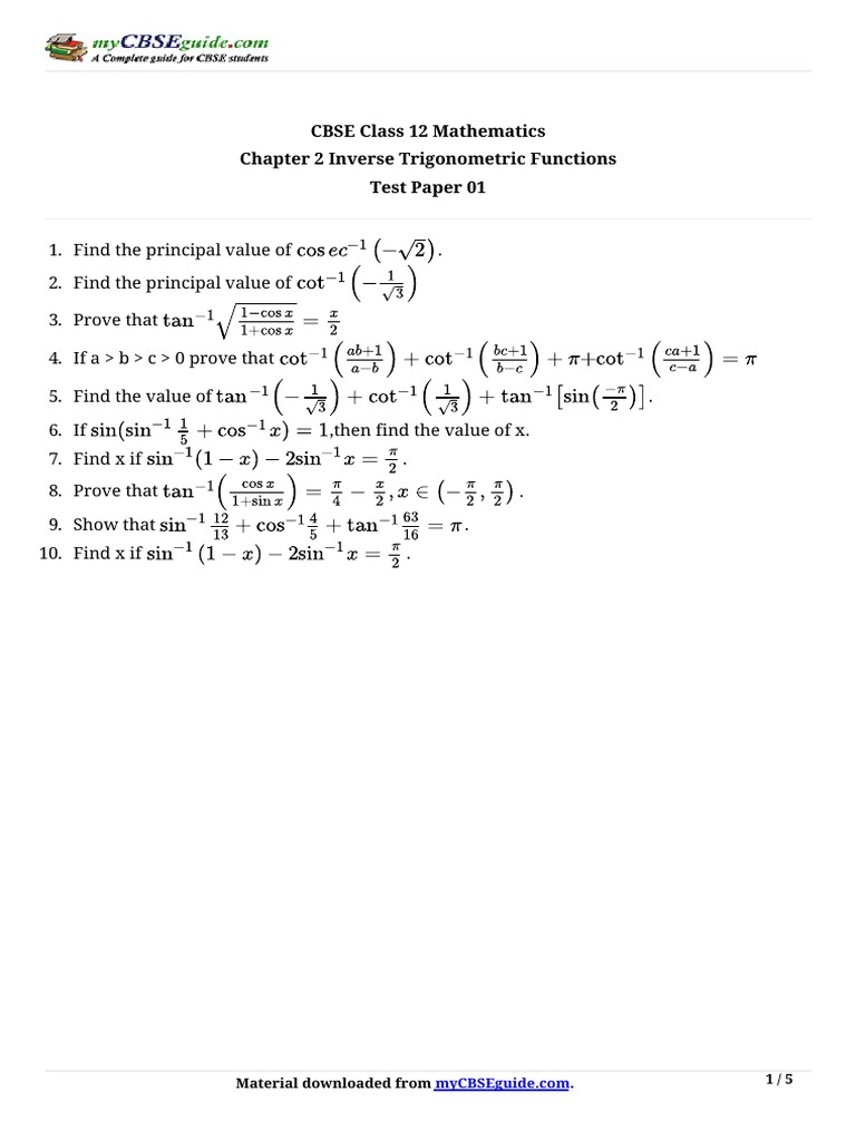Class 12 Inverse Trigonometry Test Paper | PDF | Trigonometric ...
