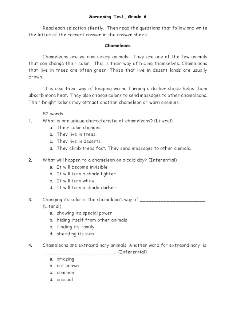 Screening Test, Grade 6: 1. A. B. C. D | PDF | Coral Reef | Sea
