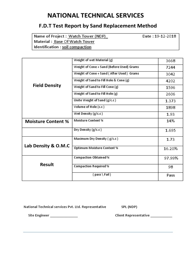 National Technical Services: F.D.T Test Report by Sand Replacement ...
