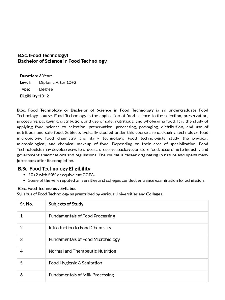 B.sc. (Food Technology), Bachelor of Science in Food Technology ...