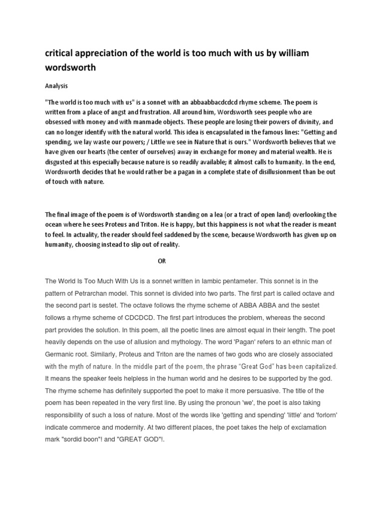 Critical Appreciation of the World is Too Much With Us by William ...