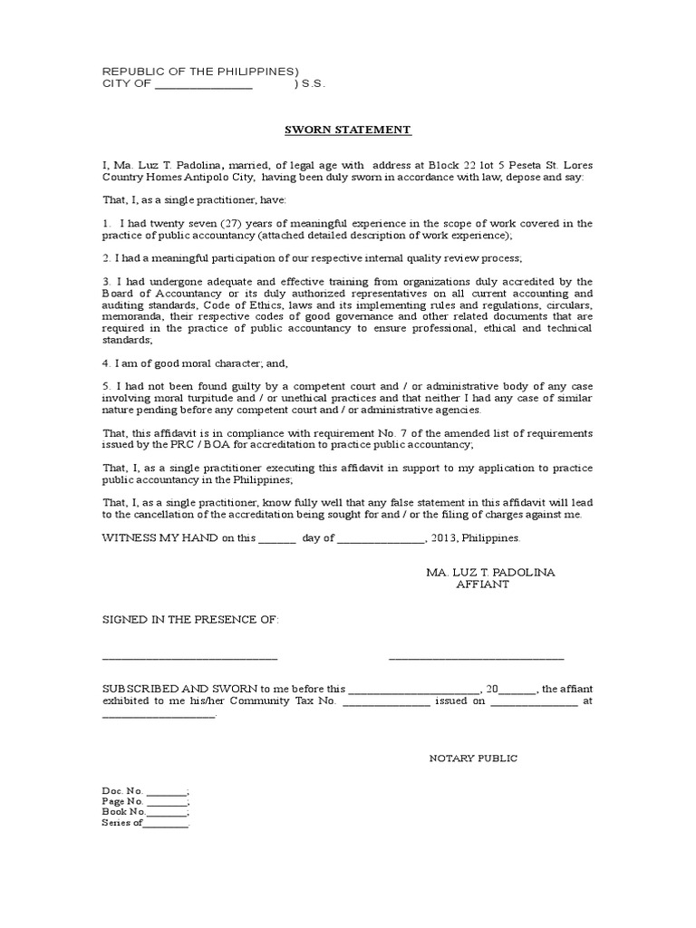 Boa Sworn Statement For Accreditation | Download Free PDF | Affidavit ...