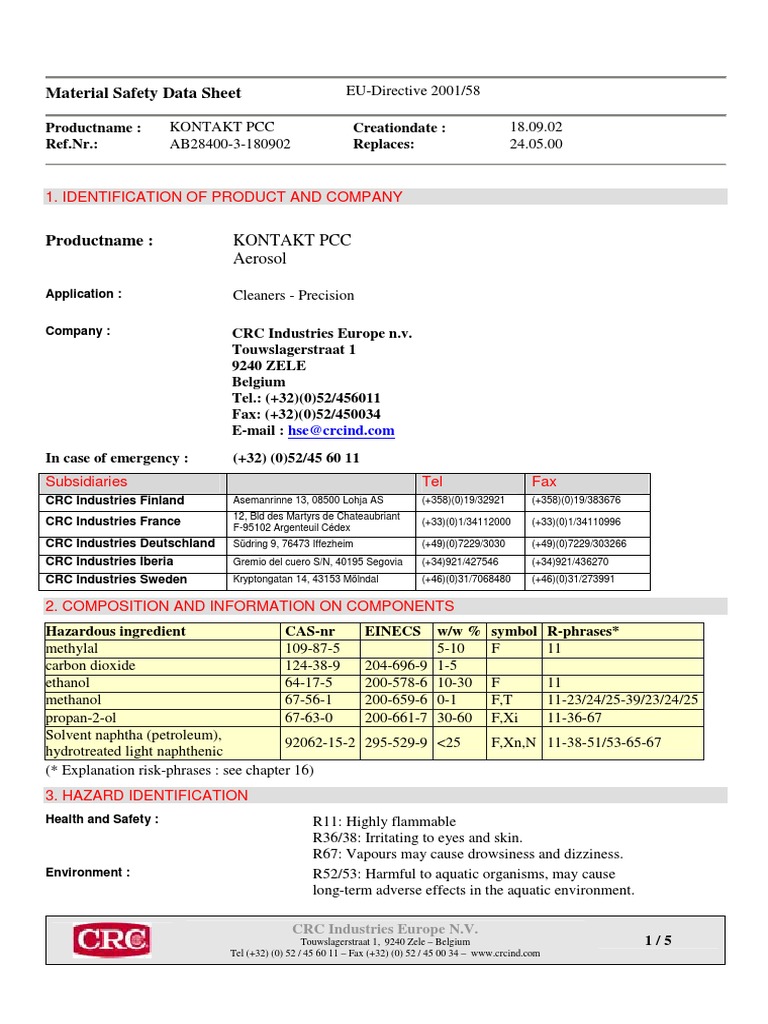 CRC Kontakt PCC MSDS | PDF | Carbon Dioxide | Toxicity