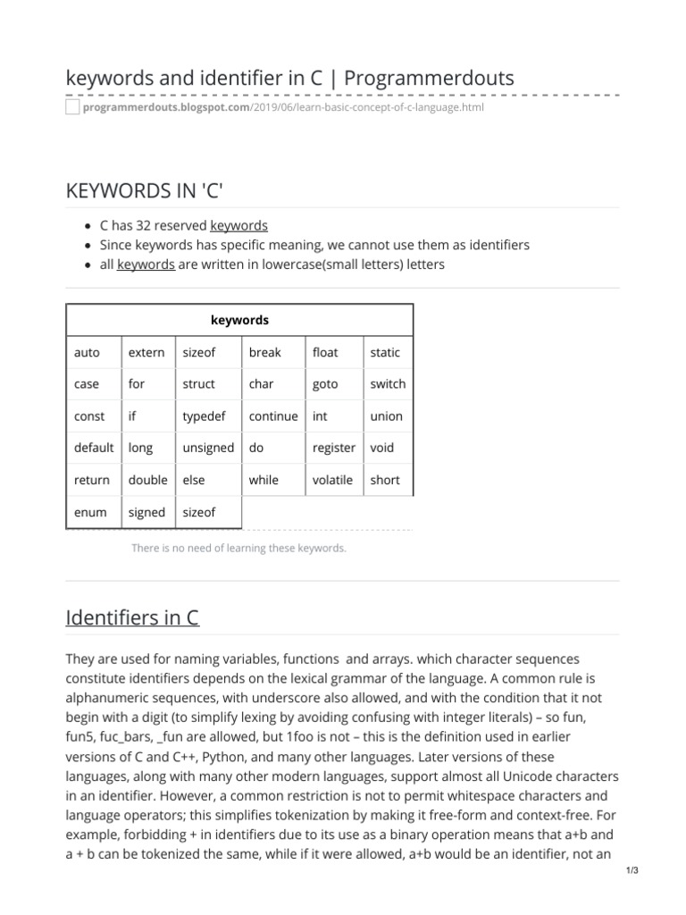 Keywords and Identifiers in C | PDF | Identifier | Reserved Word