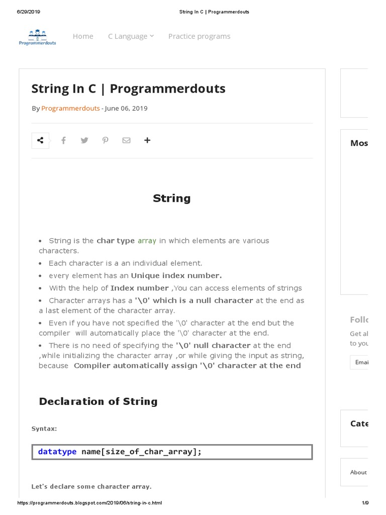 String In C Pdf Array Data Type String Computer Science 6694