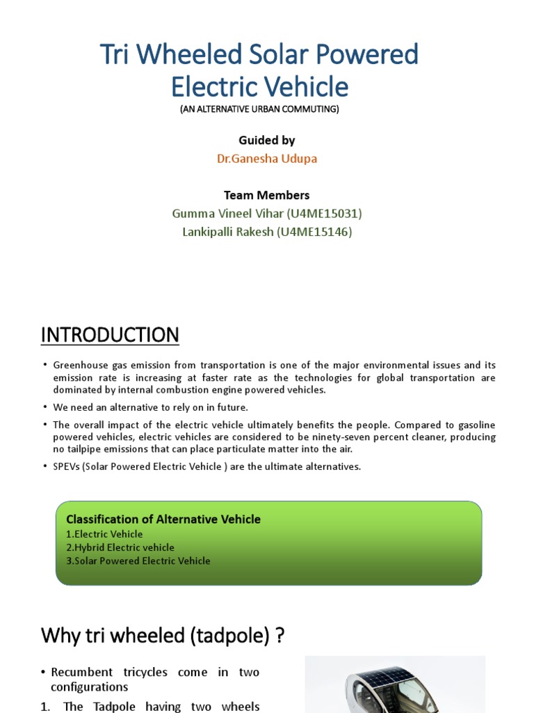 Tri Wheeled Solar Powered Electric Vehicle PPT For 3rd Review | PDF ...