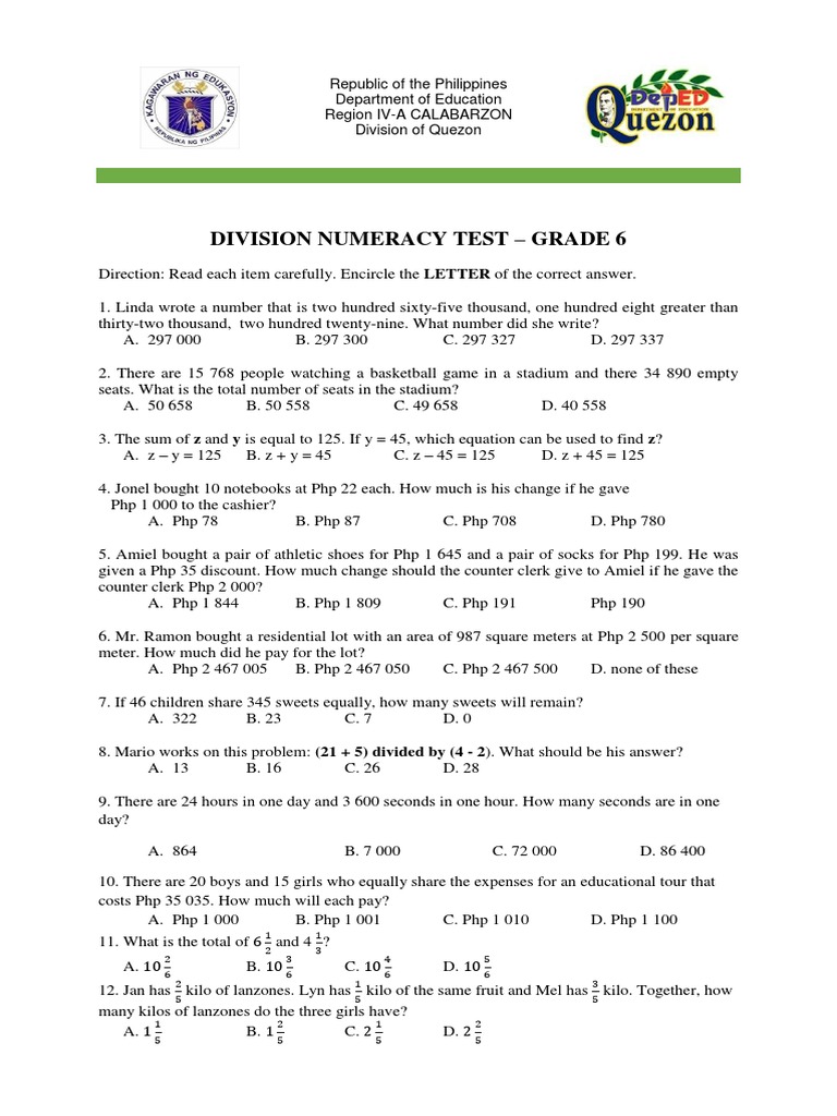 Grade 6 Division Numeracy Test | PDF | Business | Teaching Mathematics