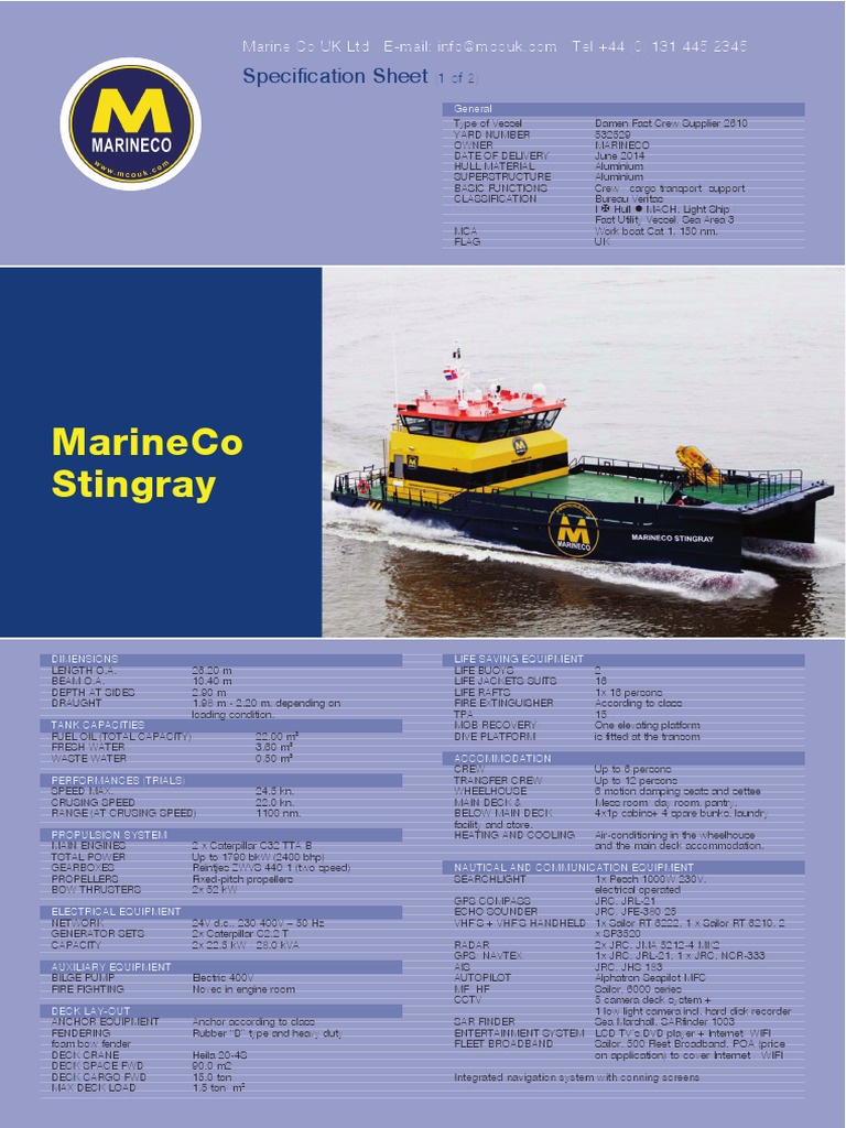 Marineco Stingray Vessel Specification Sheet1 PDF | Download Free PDF ...