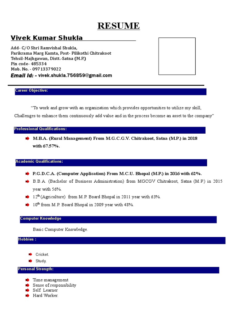 A Well-Rounded Resume Highlighting Vivek Kumar Shukla's Educational ...