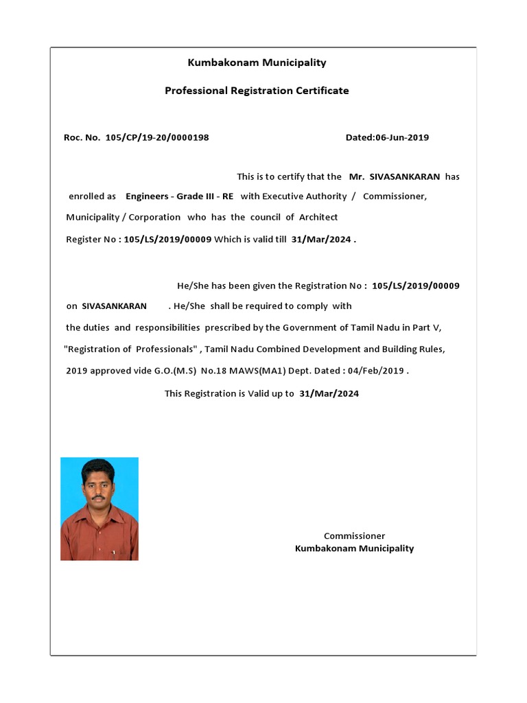 Kumbakonam Engineer Registration Certificate | PDF