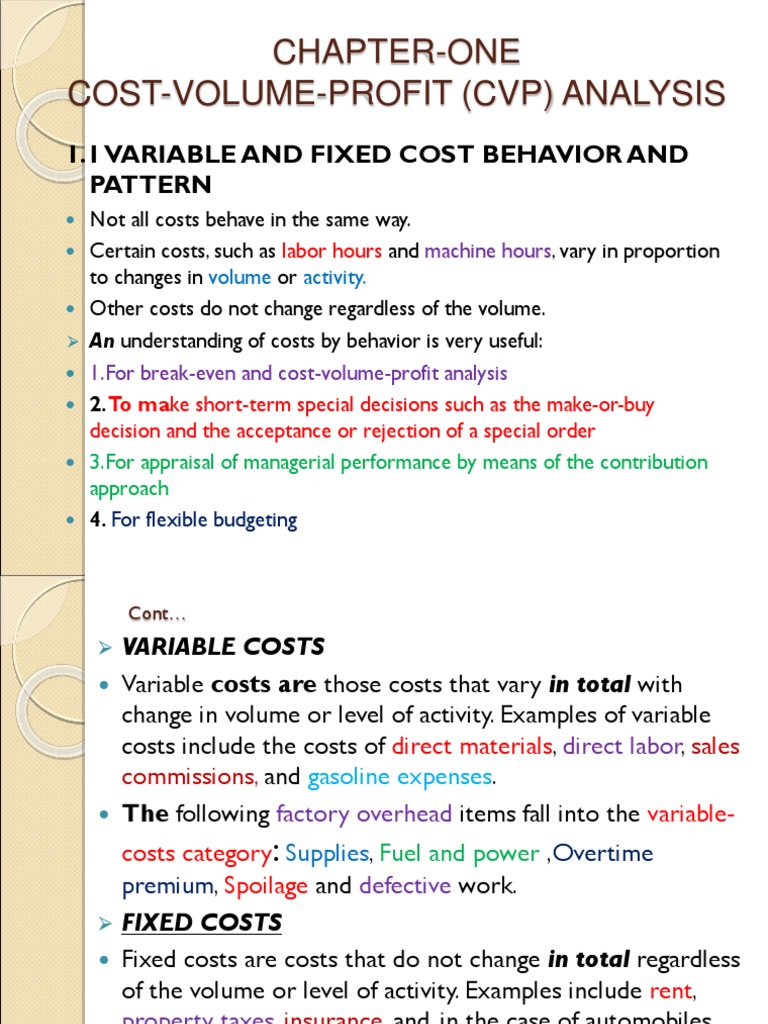 Chapter-One Cost-Volume-Profit (CVP) Analysis: 1.1 Variable and Fixed Cost Behavior and Pattern ...