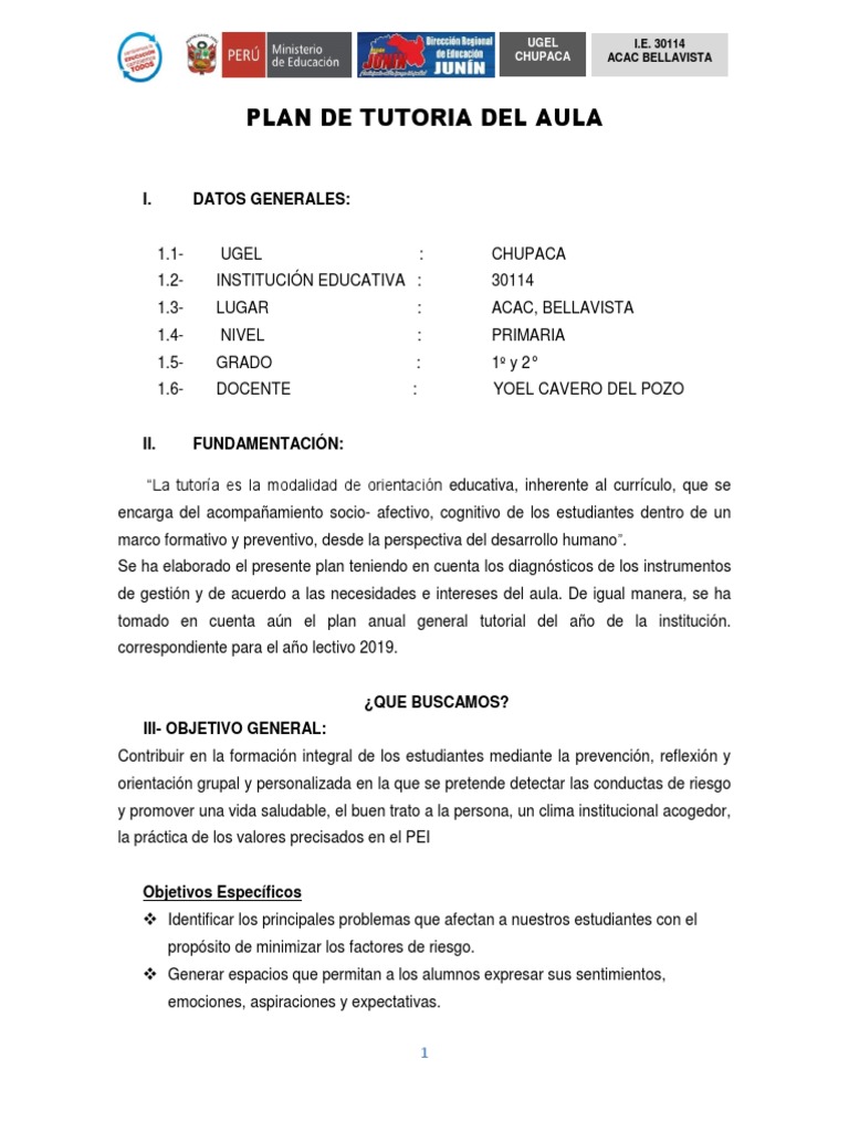 Plan Tutorial de Aula Del 1º Grado de Primaria | PDF | Salón de clases ...