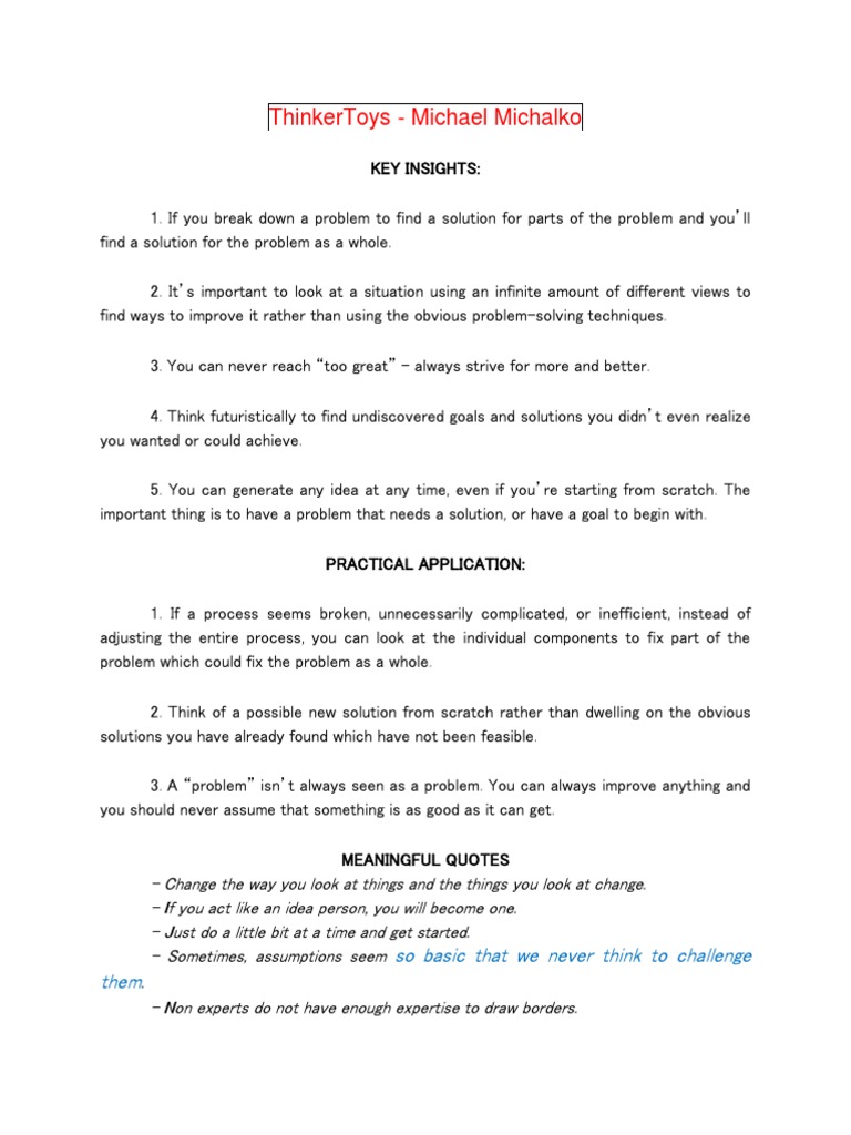 ThinkerToys - Michael Michalko (Summary) | PDF | Creativity | Cognition