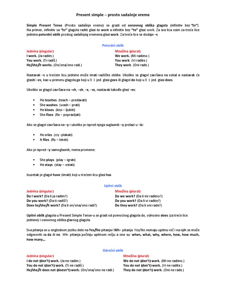 Present Simple - Prosto Sadašnje Vreme: Jednina (Singular) Množina ...