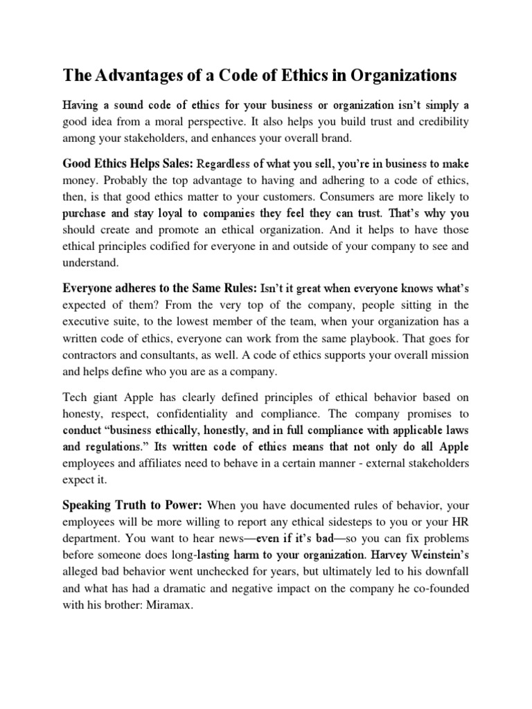 The Advantages of A Code of Ethics in Organizations | PDF | Credibility ...