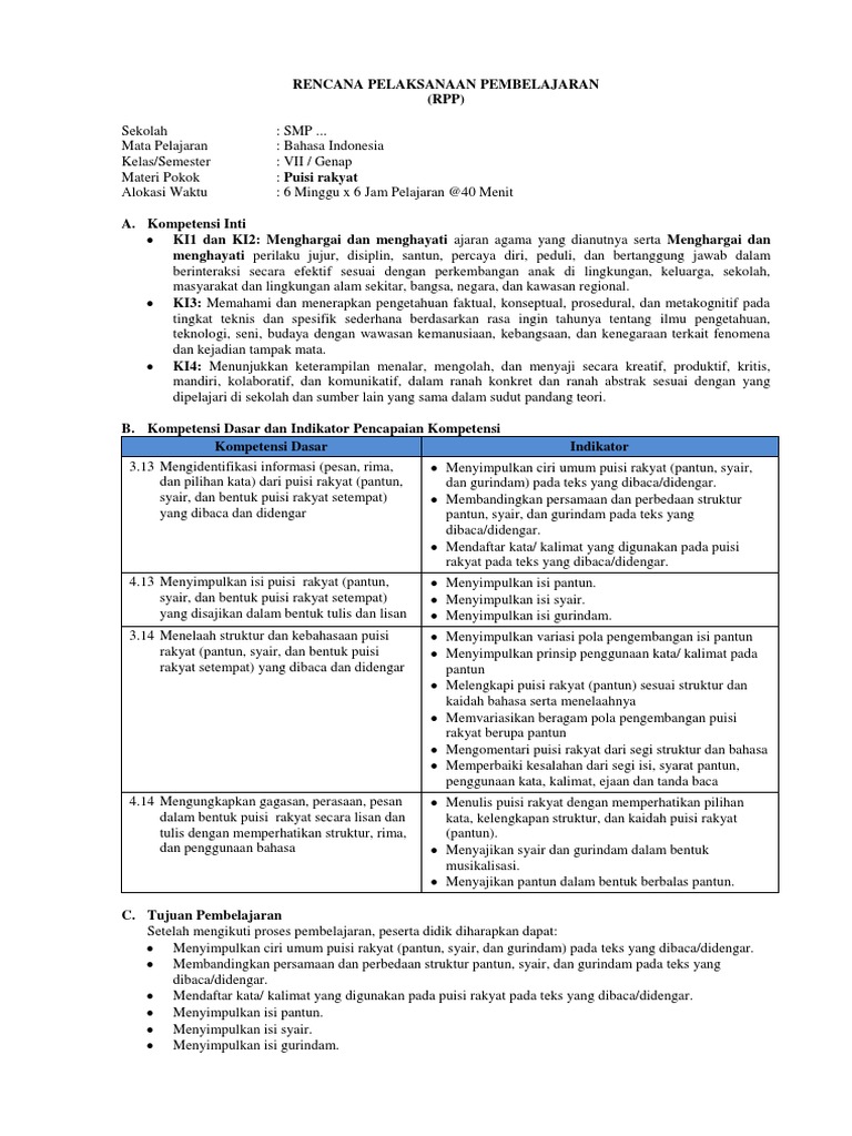 Contoh RPP K13 Bahasa Indonesia Puisi Rakyat Terbaru Disertai Literasi ...